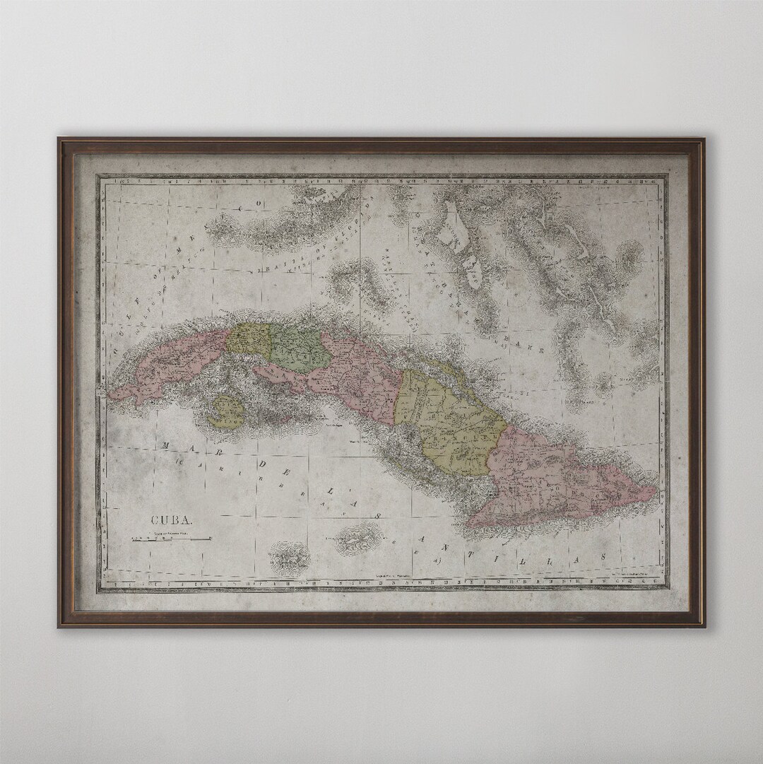 Vintage Cuba Map Print 19th Century, Antique Caribbean Island Map ...