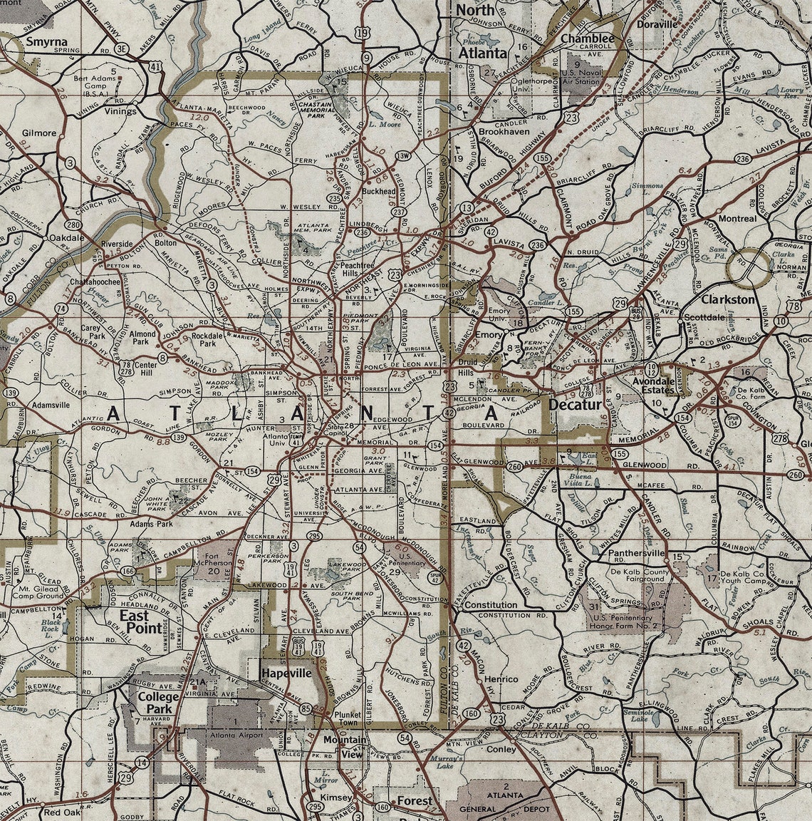 Atlanta Map Vintage Map of Atlanta Georgia Vintage Wall - Etsy