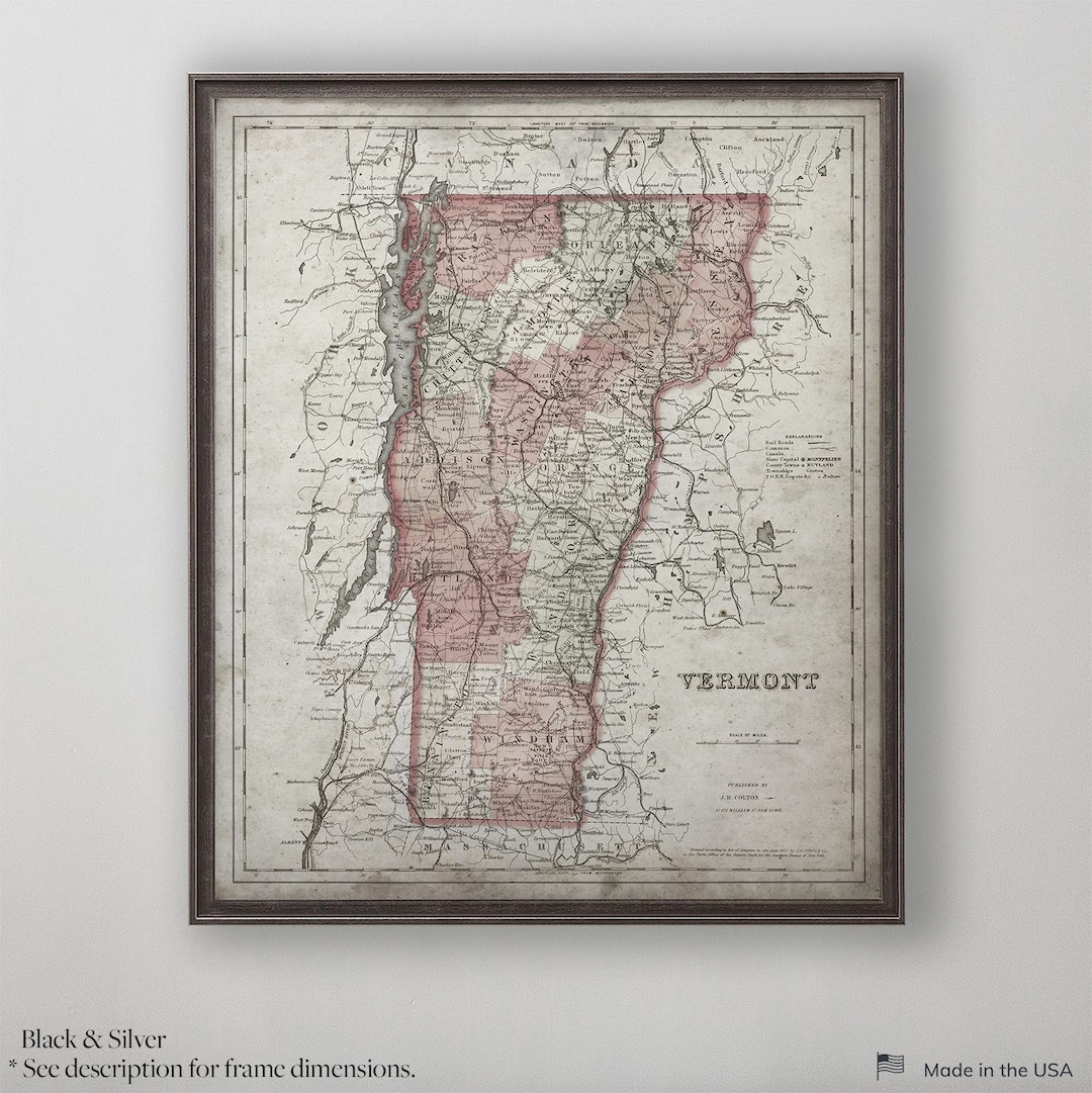 Vermont Map, State Map of Vermont, Framed Map Options, Antique Vermont ...