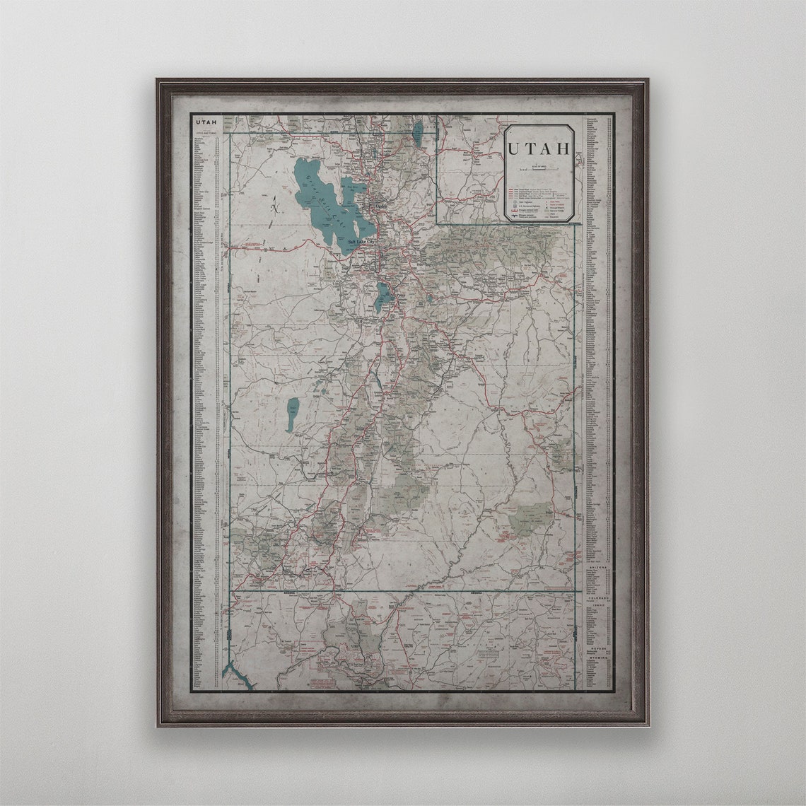 Utah Map Vintage Road Map of Utah Vintage Wall Art Home - Etsy