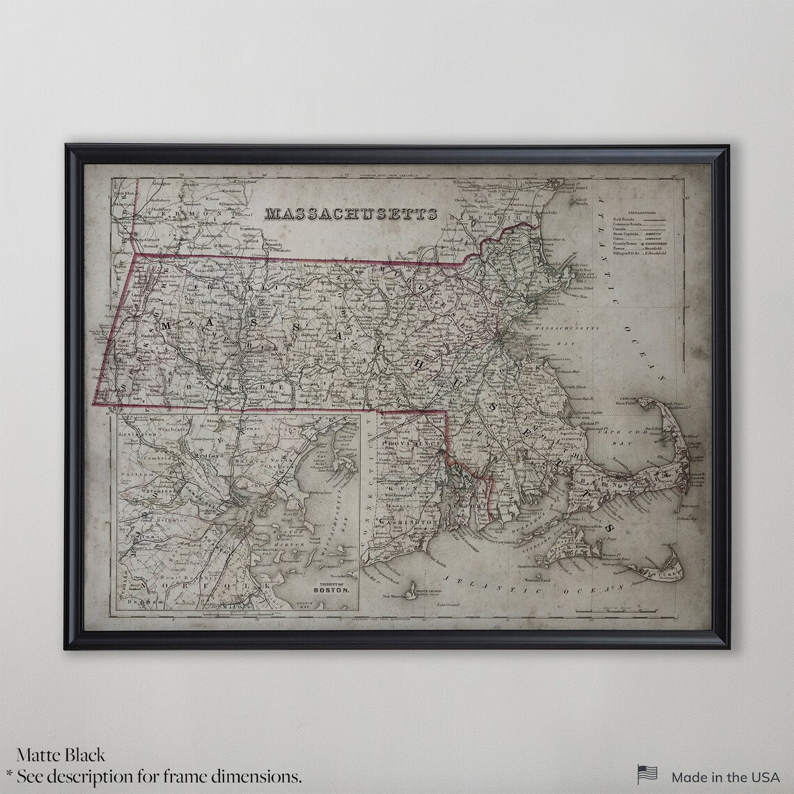 Massachusetts Map State Map of Massachusetts Vintage Wall | Etsy