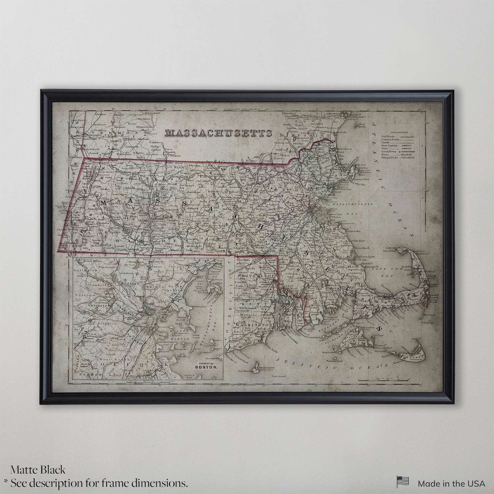 Massachusetts Map State Map of Massachusetts Vintage Wall | Etsy