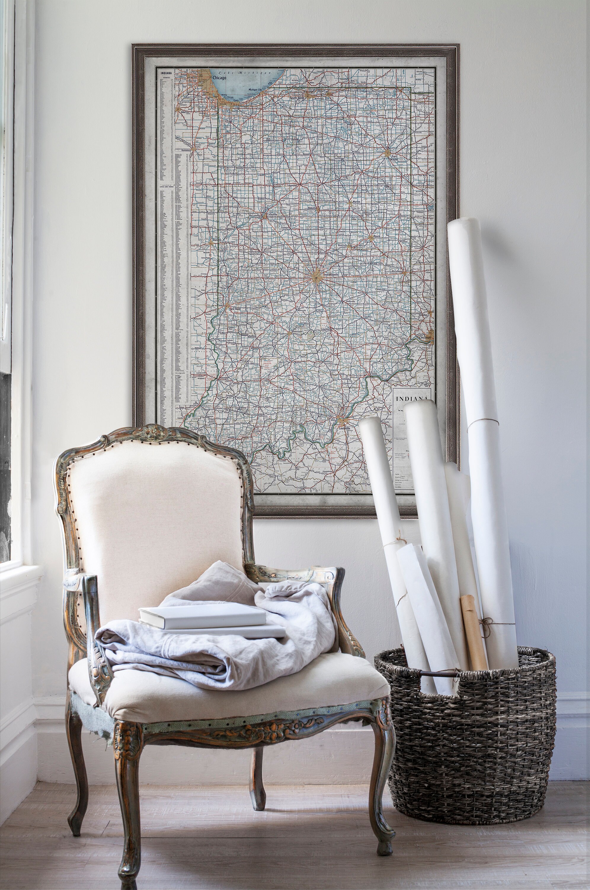 Indiana Map, Vintage Road Map of Indiana, Framed Art Options, Antique ...