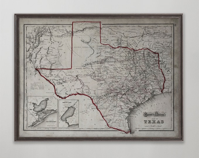 Texas Map, Vintage Map of Texas, Framed Map Options, Antique Texas ...