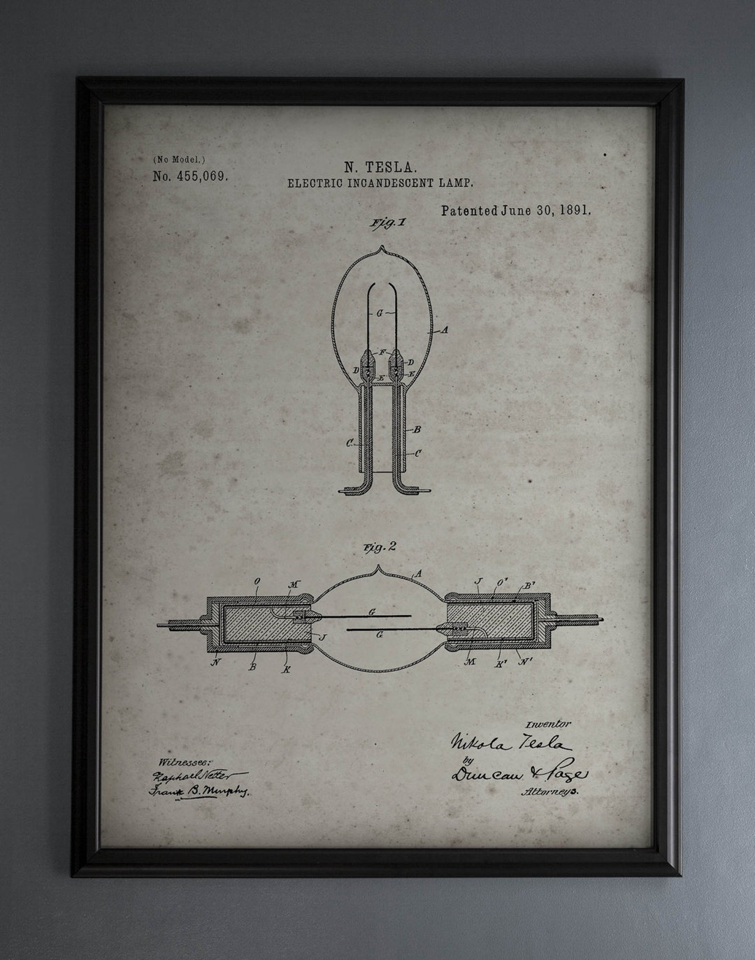 Tesla Light Bulb Patent Print 1891, Nikola Tesla Incandescent Lamp ...
