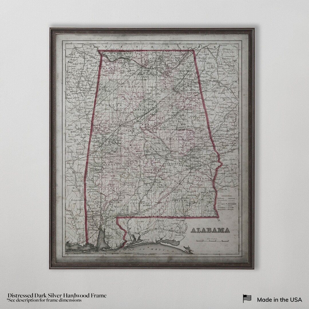 Mapa de Alabama, mapa del estado de Alabama, arte de pared vintage ...