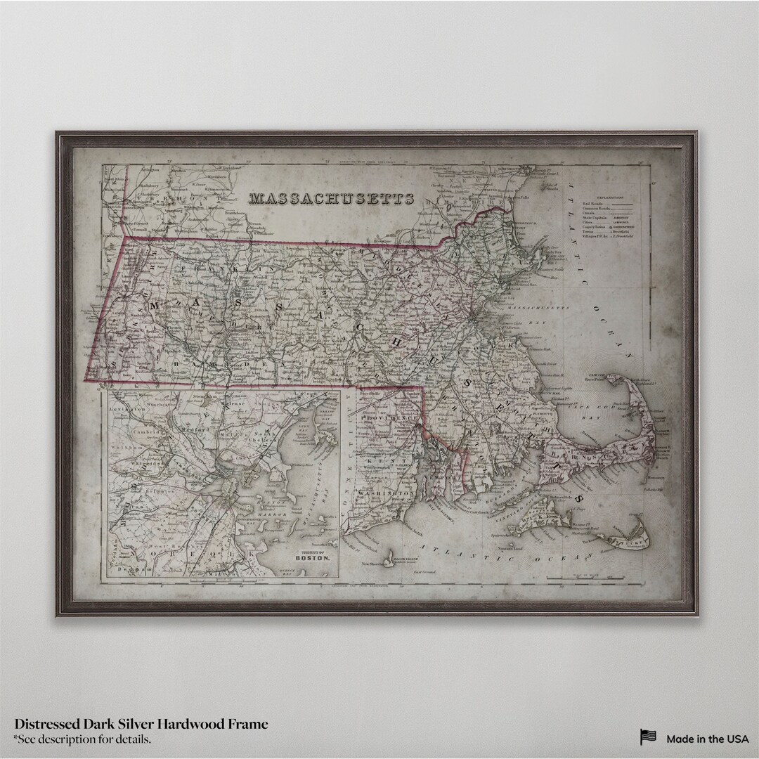 Massachusetts Map, State Map of Massachusetts, Framed Options, Antique ...