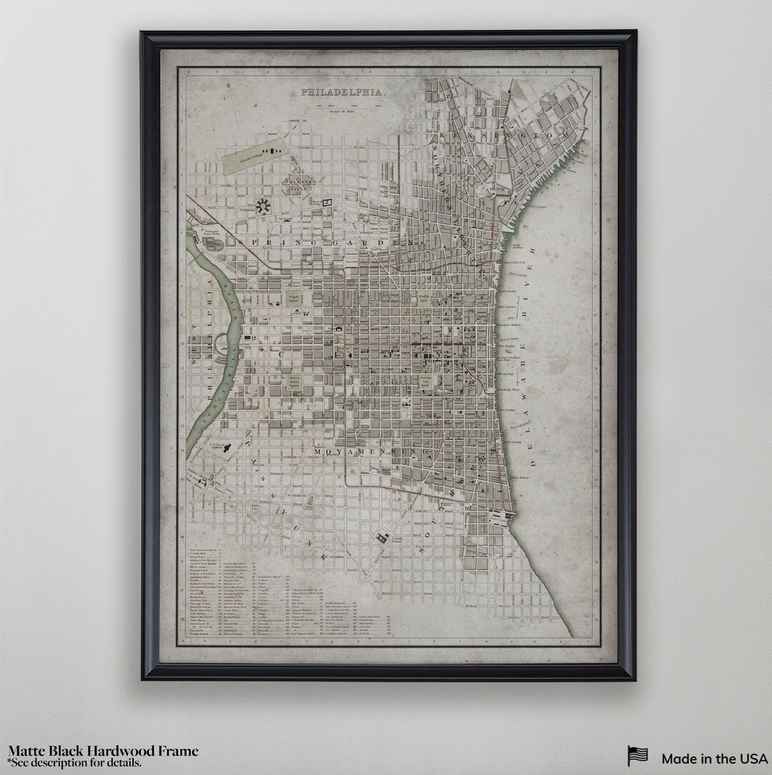 Philadelphia Map, Vintage Map of Philadelphia Pennsylvania, Framed Map ...