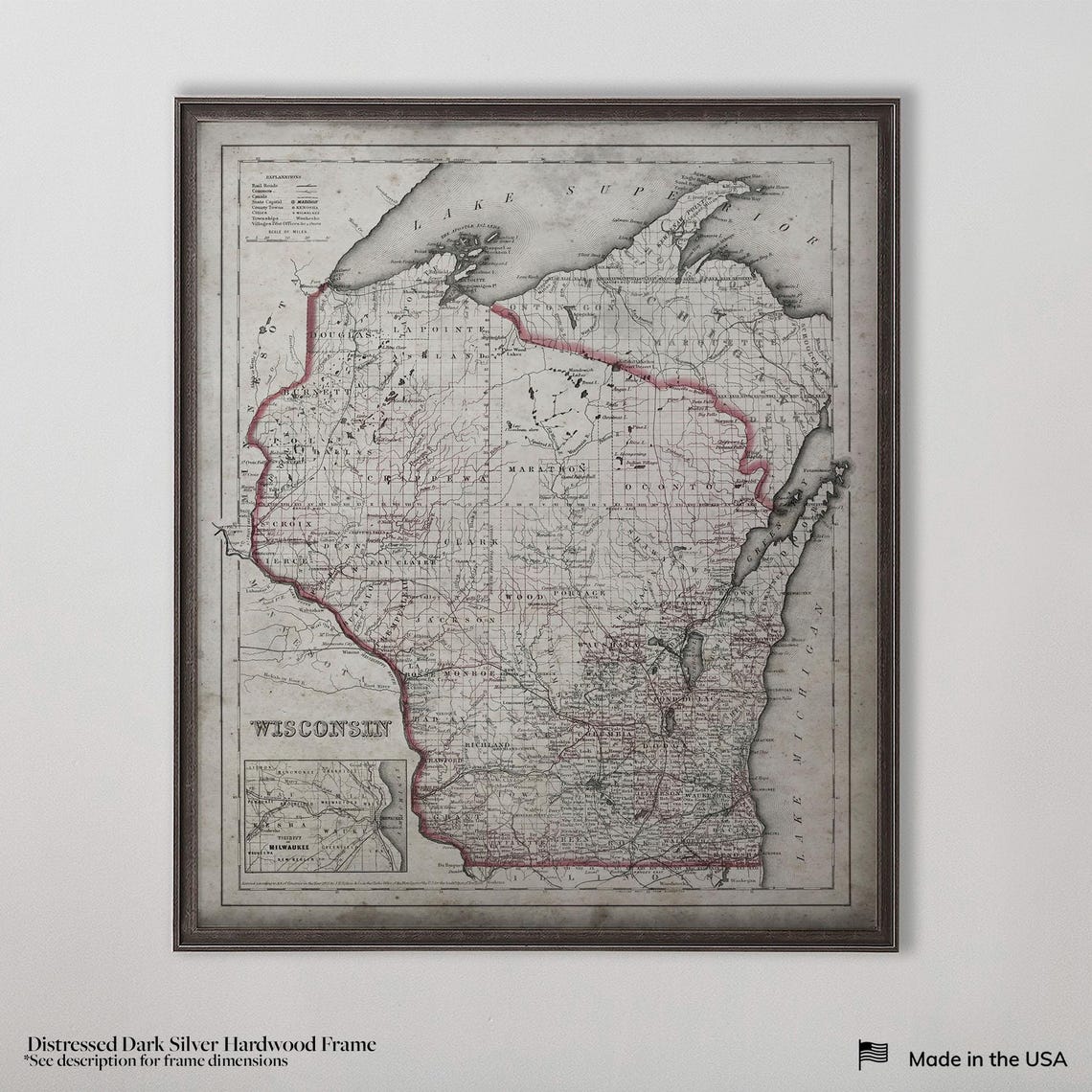 Wisconsin Map, State Map of Wisconsin, Antique Wisconsin Wall Art ...