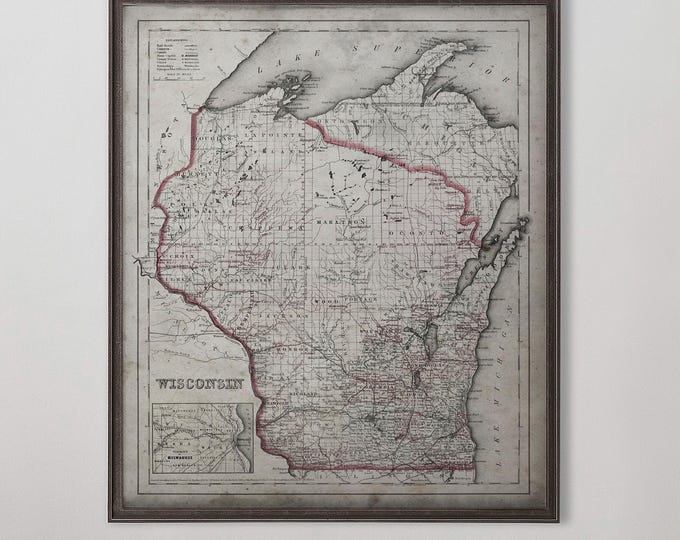 Wisconsin Map, State Map of Wisconsin, Framed Map Options, Antique ...