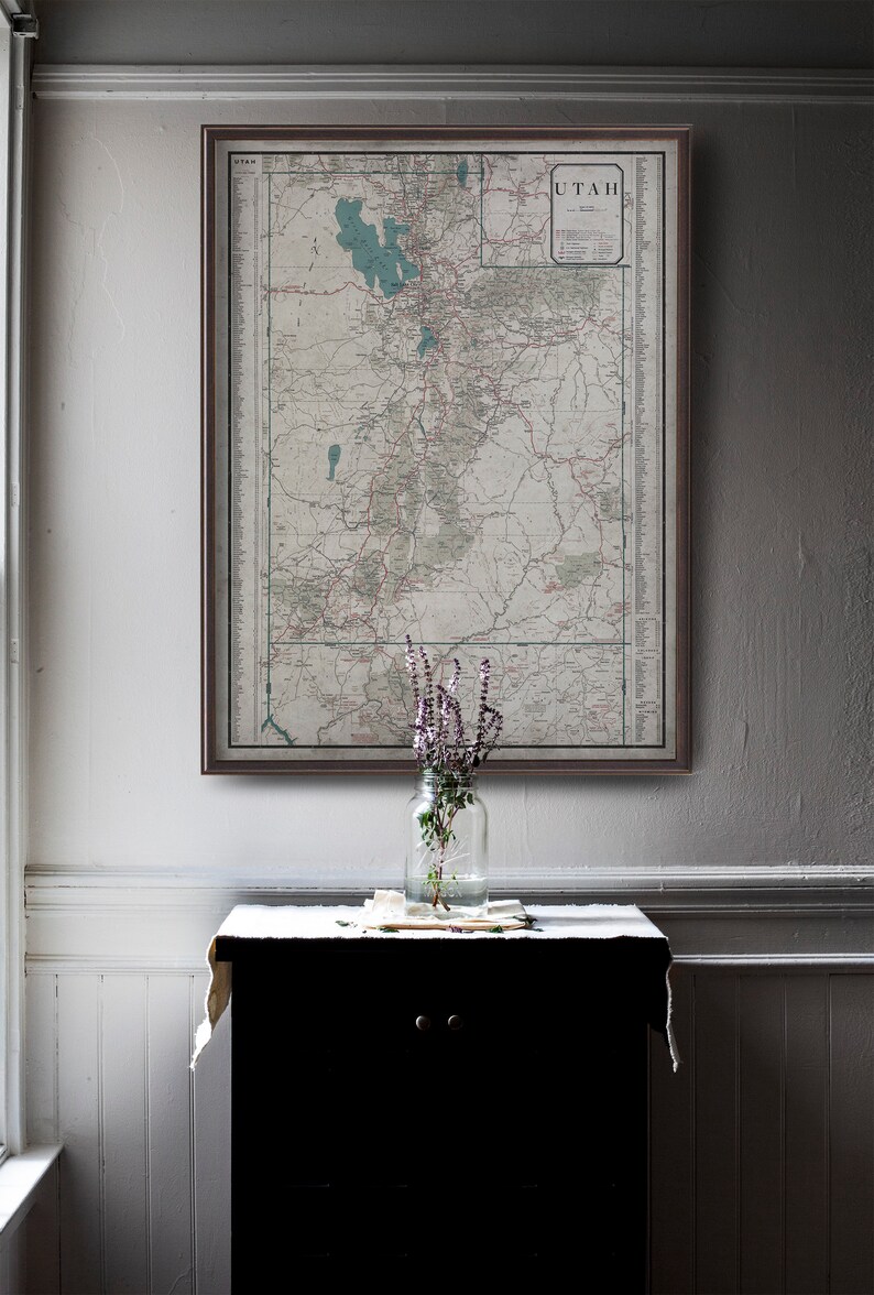 Utah Map Vintage Road Map of Utah Vintage Wall Art Home - Etsy