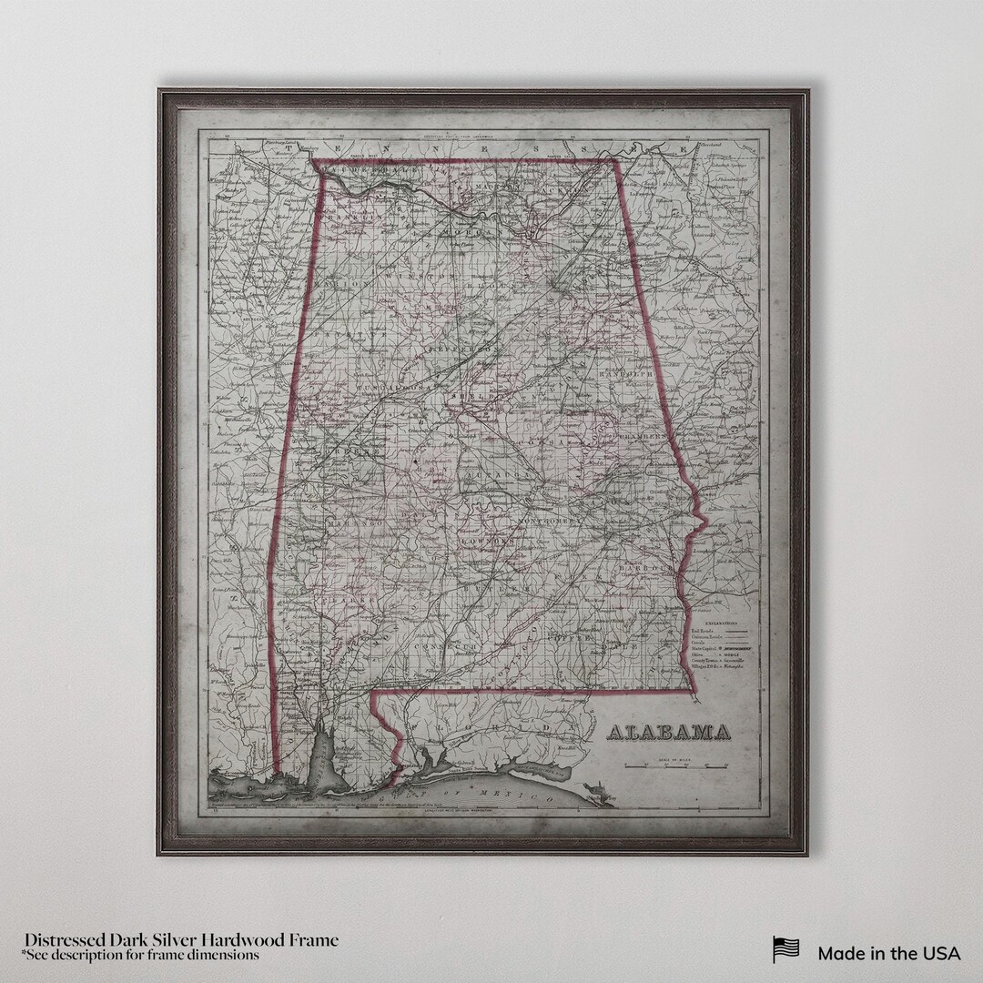 Alabama Map, State Map of Alabama, Framed Map Options, Antique Alabama ...