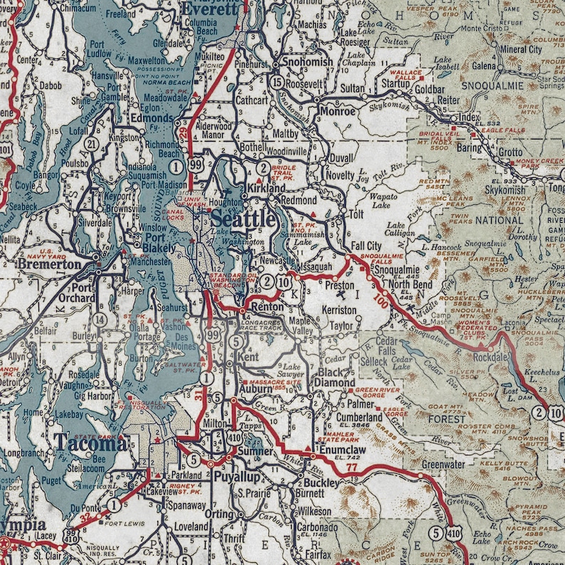 Washington Map Vintage Road Map of Washington State Road | Etsy