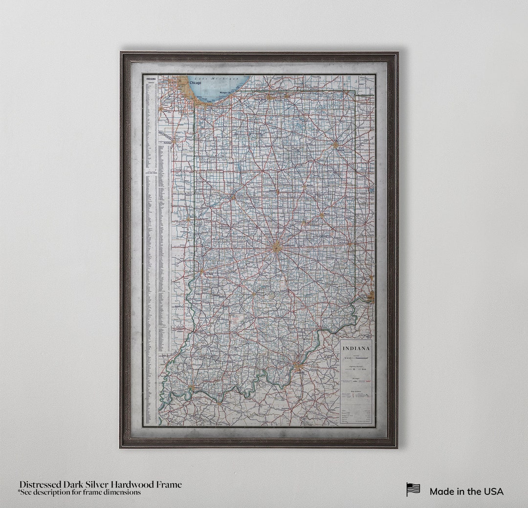 Indiana Map, Vintage Road Map of Indiana, Framed Art Options, Antique ...