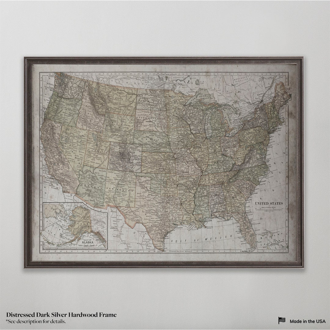 United States Map, Vintage Map of the United States, Framed Map Options ...