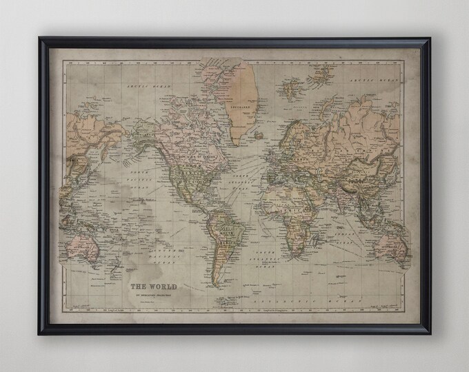 World Map, Vintage World Map, Framed Map Options, Antique Map of the ...