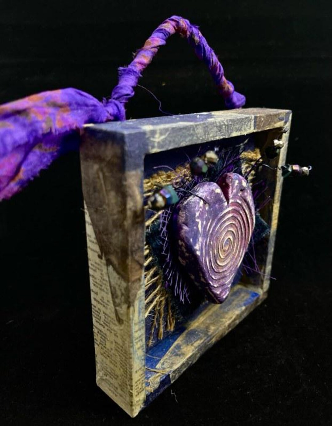 Mardi Gras Heart, Air Dry Clay, OOAK, Vintage Rosary Beads, Vintage Kimono Fabric, Wall Hanging ...