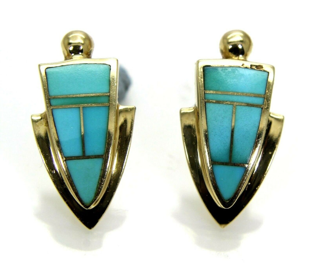 Navajo Turquoise Inlay Arrowhead 14ct 14K Yellow Gold Earrings Native ...