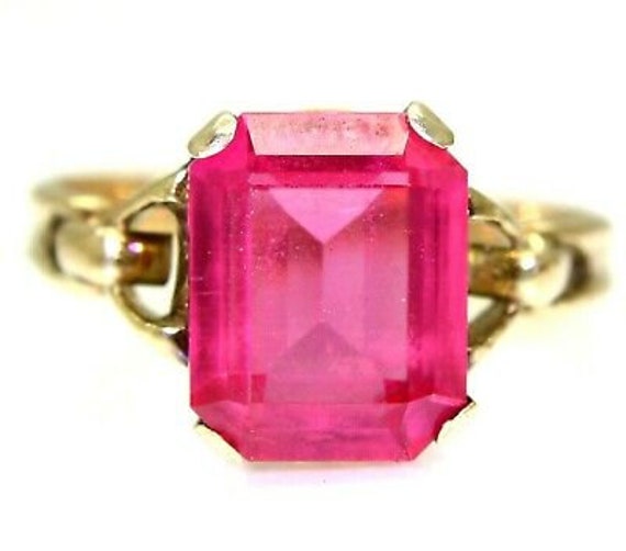 Large Synthetic Pink Ruby 14K 14ct Yellow Gold Ring L 5 3/4 | Etsy UK