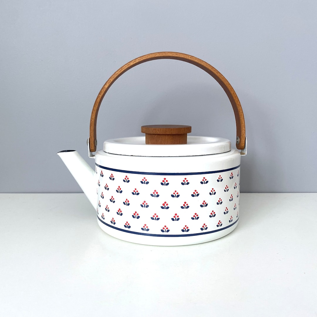 NEW Vintage Dansk Copco Country White Tea Kettle by Lax Teak Handle ...