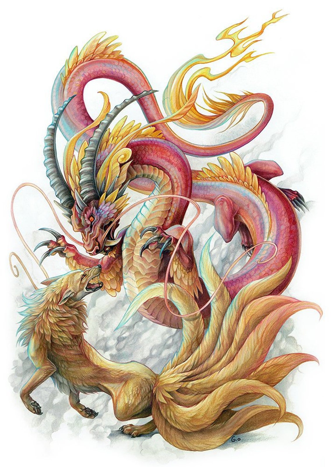 A4 Print 'dragon Vs Kitsune' - Etsy