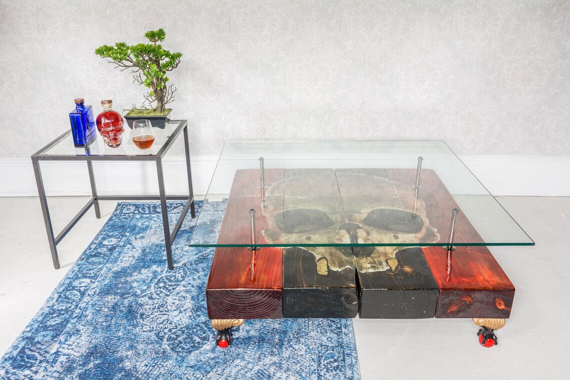 Hand Distressed Gothic Skull Coffee Table With Glass Top - Etsy