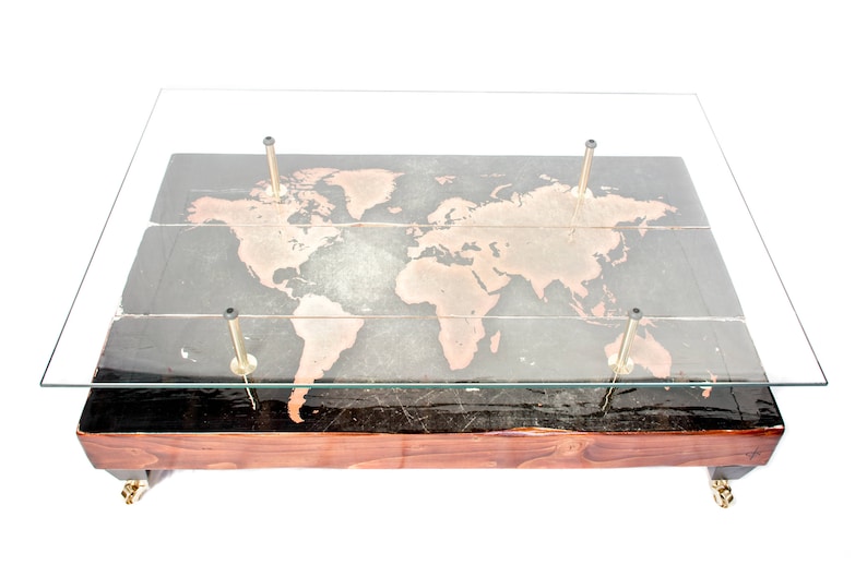Antique Styled Distressed World Map Coffee Table With Glass Top - Etsy