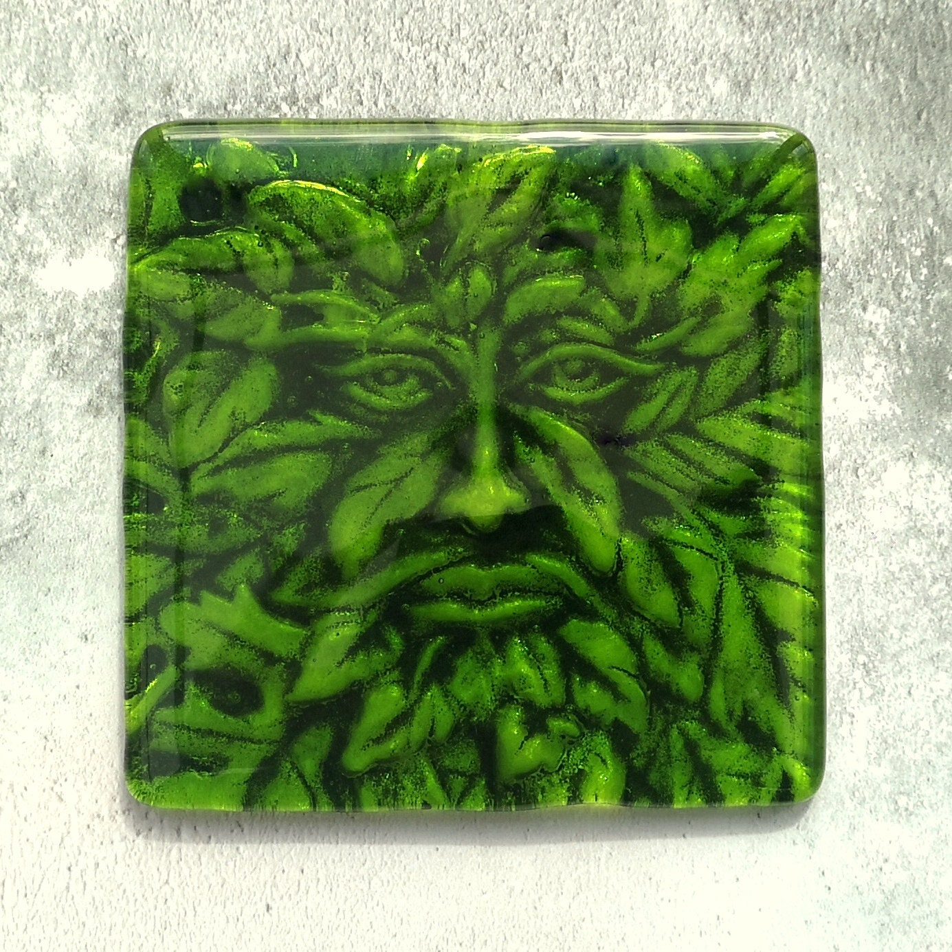 Handmade Fused Glass Greenman Drinks Coaster - Green Man Plaque - Leaf ...