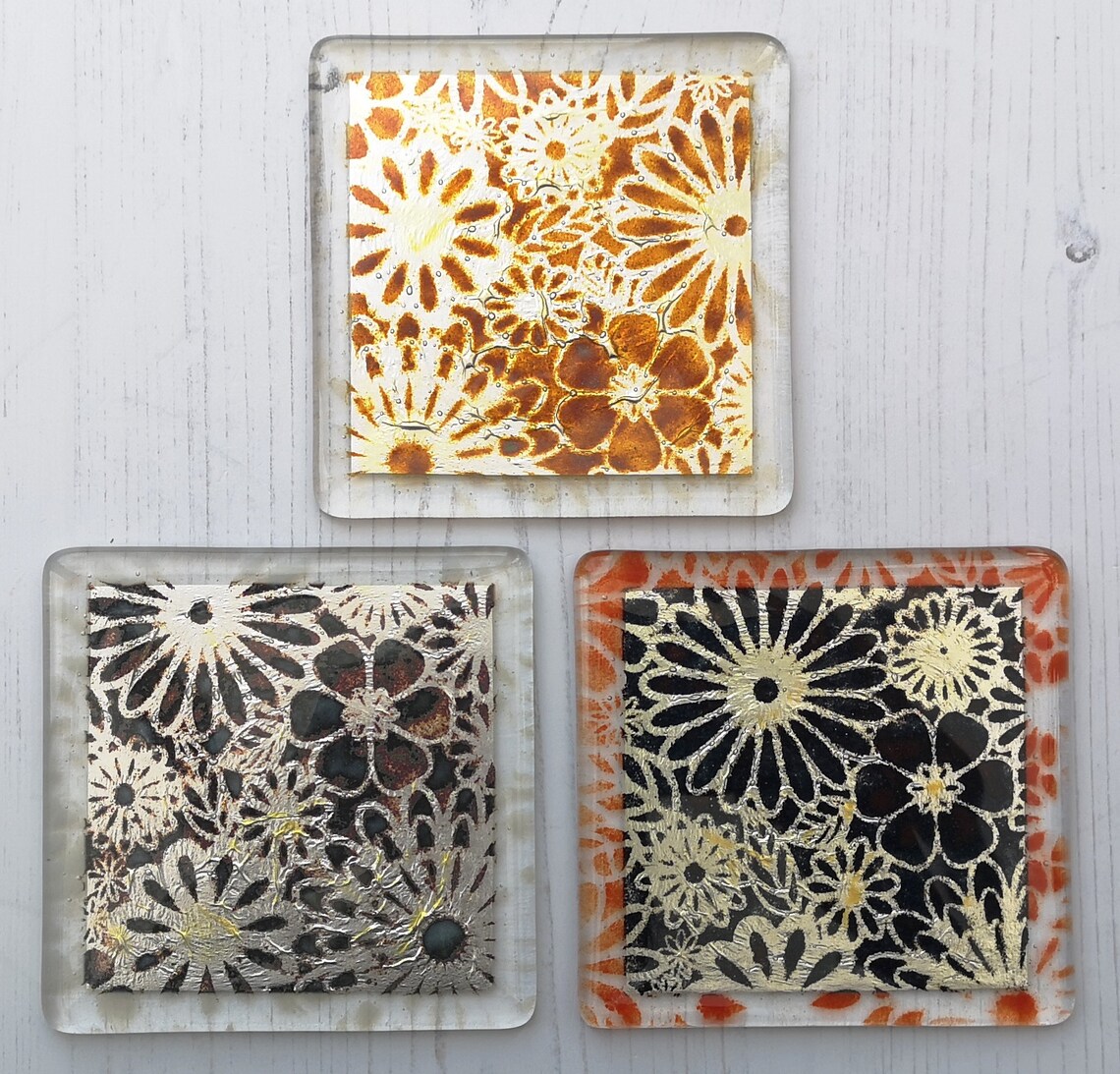 Handmade Fused Glass Flowers on Silver Drinks Coaster - Flower Pattern ...