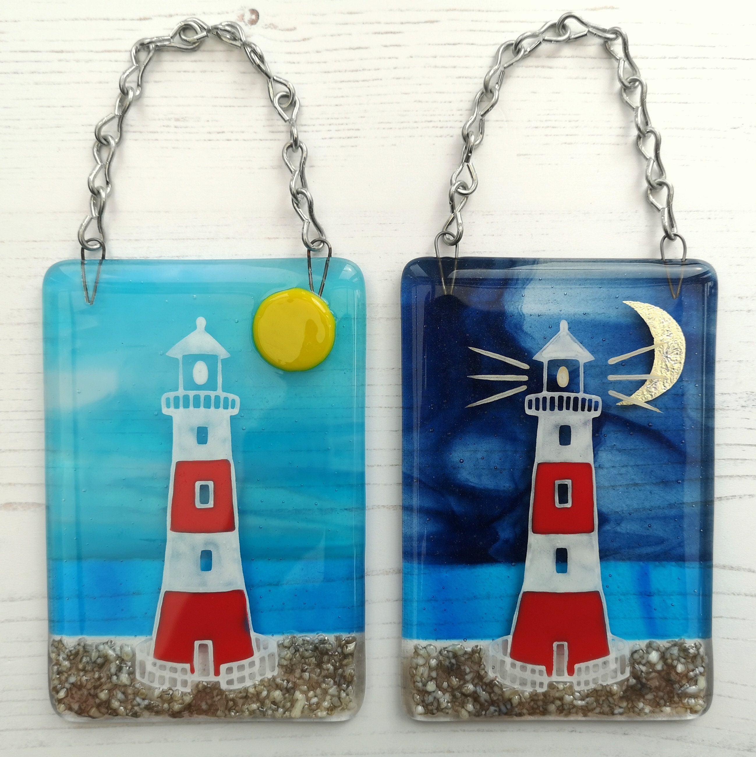 Handmade Fused Glass Lighthouse Hanging Picture / Suncatcher - Wave ...