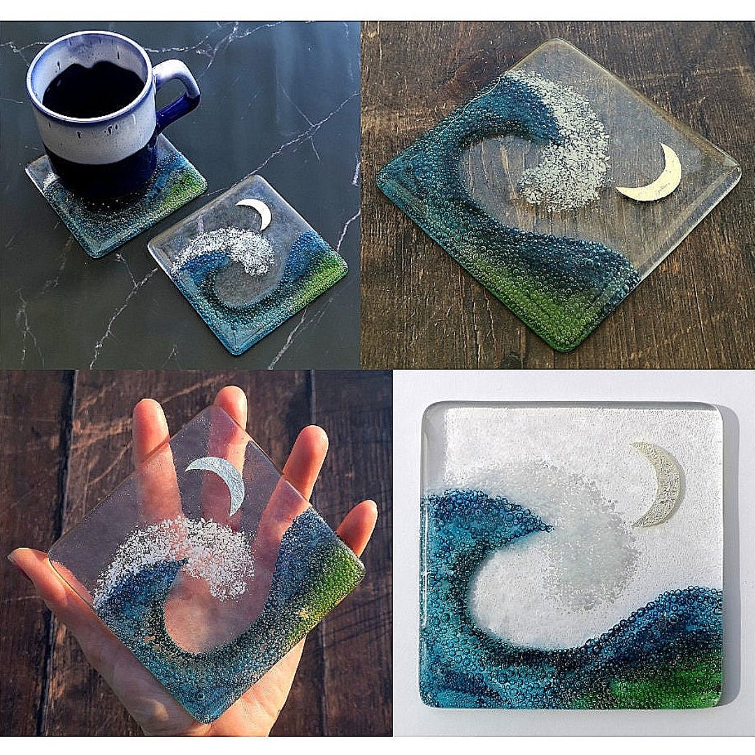 Handmade Fused Glass Wave Drinks Coaster - With Embedded Coloured ...