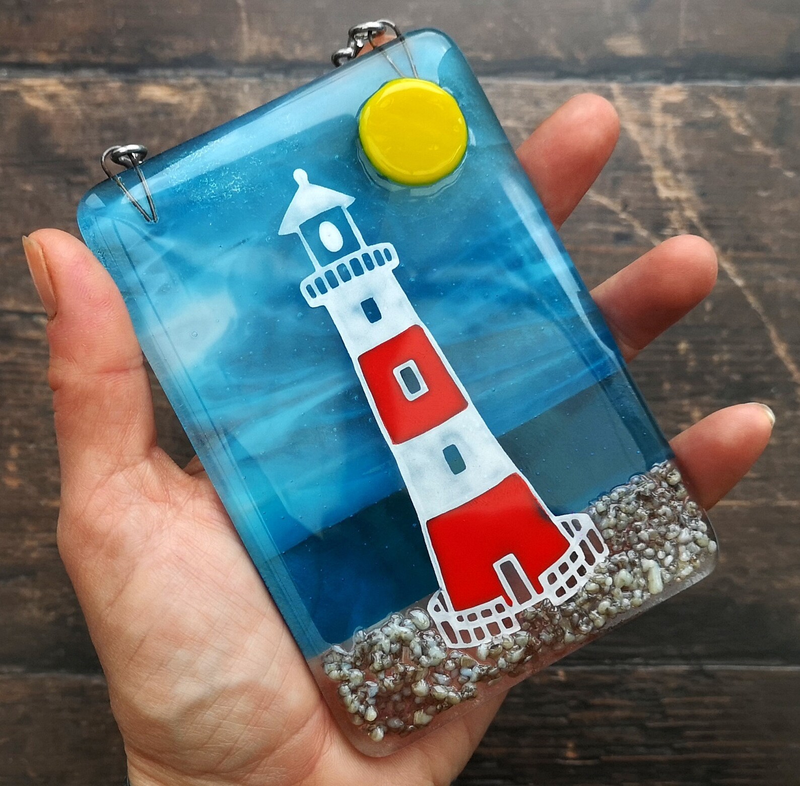 Handmade Fused Glass Lighthouse Hanging Picture / Suncatcher - Wave ...