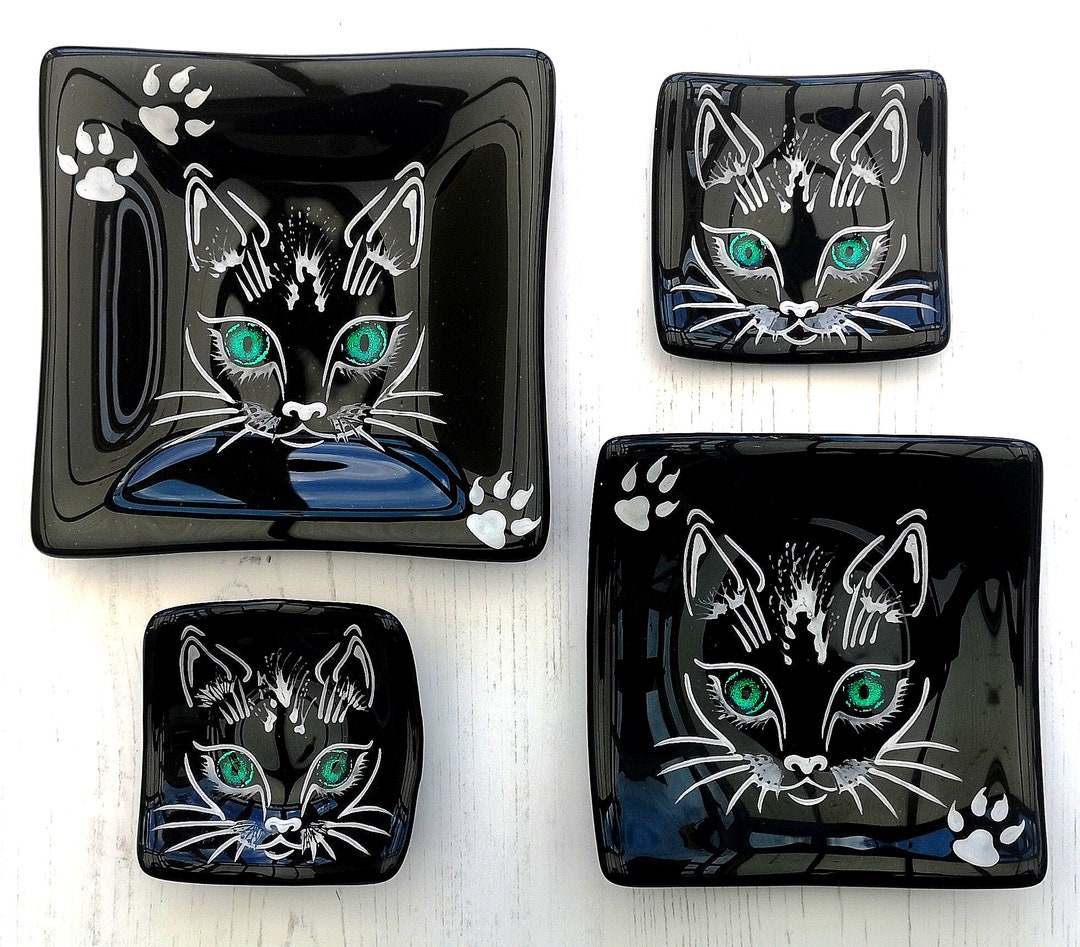 Handmade Fused Glass Cat Face Bowl With Dichroic Glass Eyes - Black Cat ...