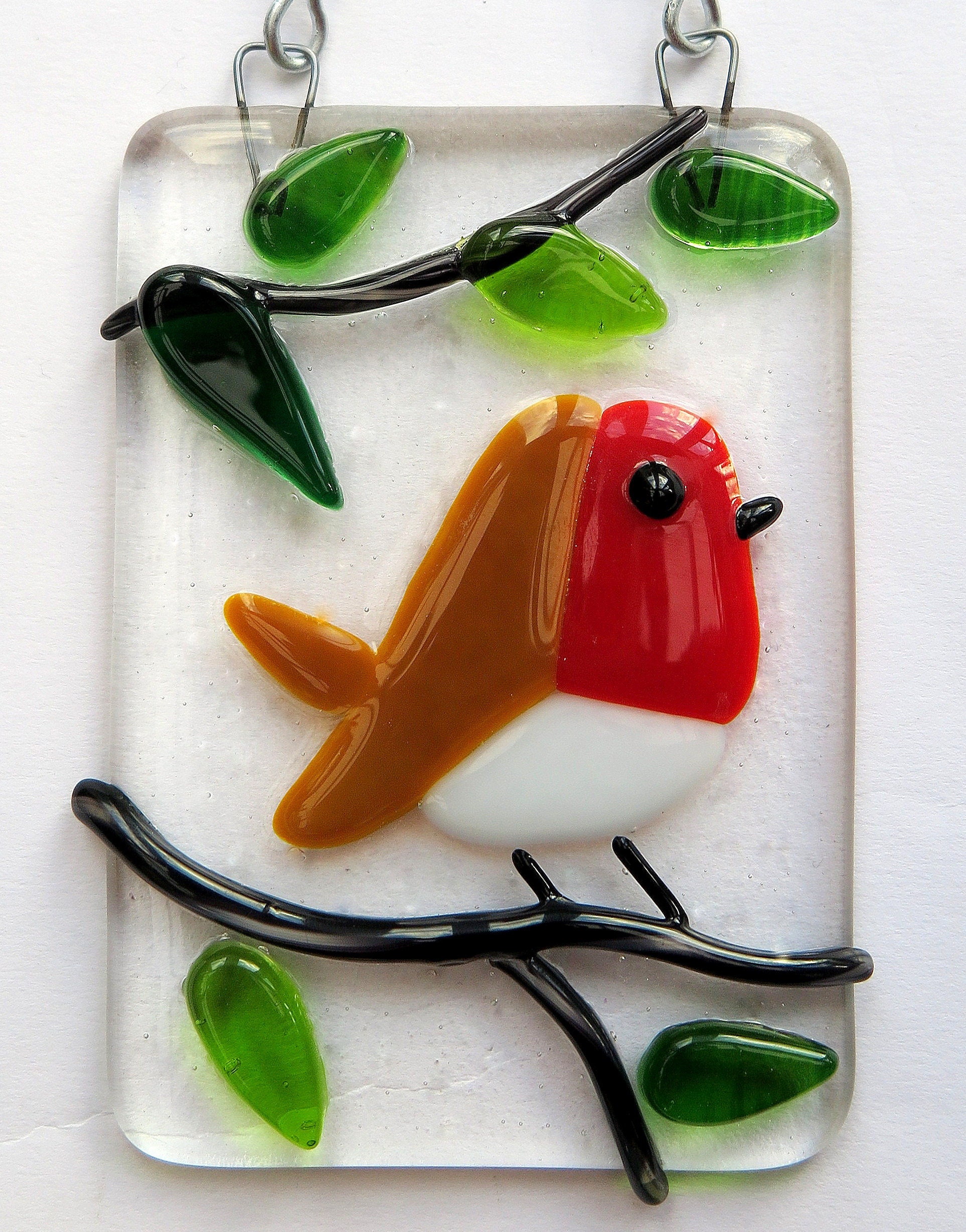 Handmade Fused Glass Robin Hanging Decoration Bird in Tree | Etsy UK