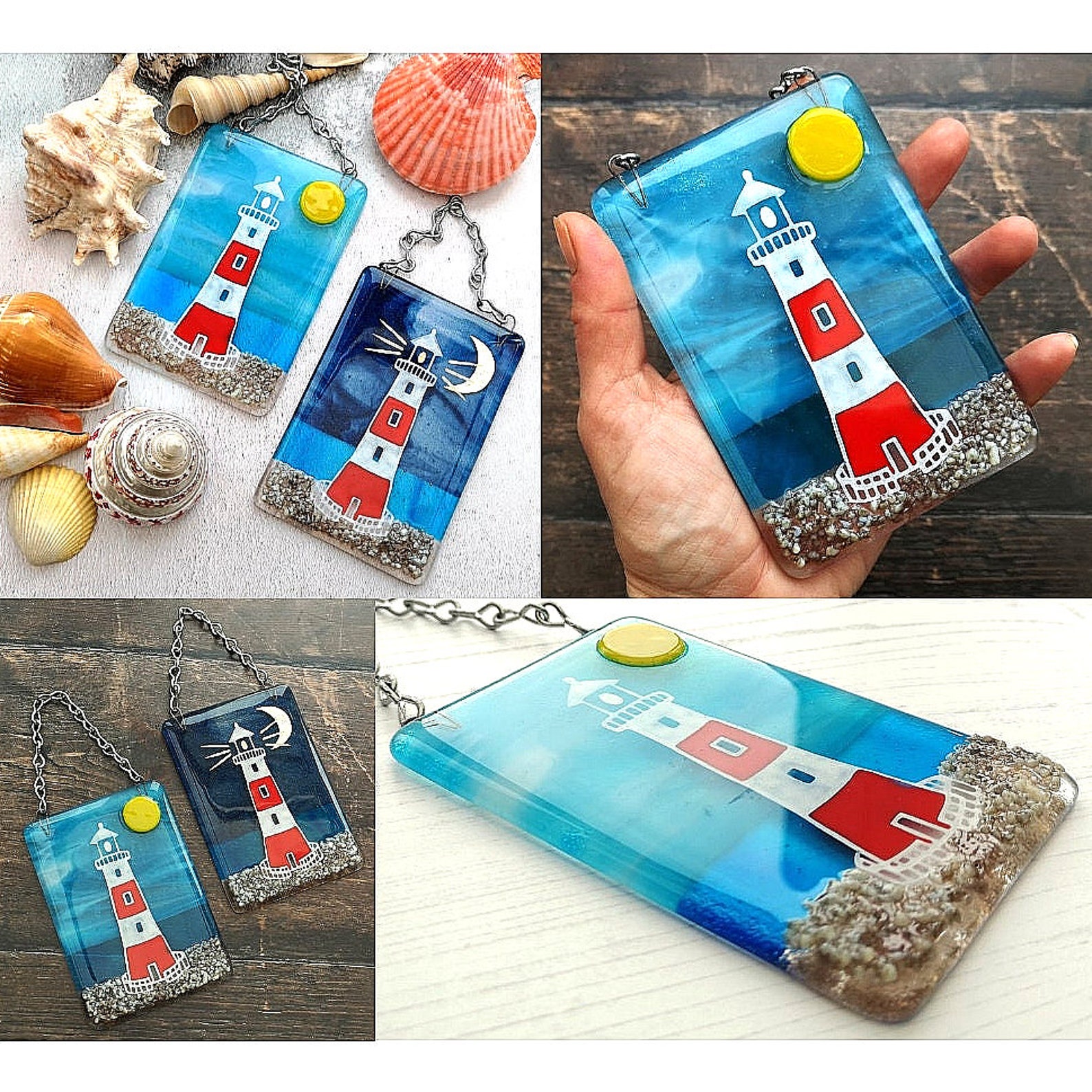 Handmade Fused Glass Lighthouse Hanging Picture / Suncatcher - Wave ...