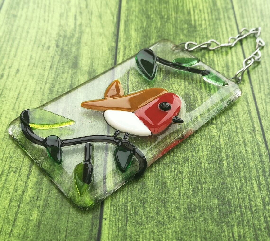 Handmade Fused Glass Robin Hanging Decoration - Bird in Tree Picture ...