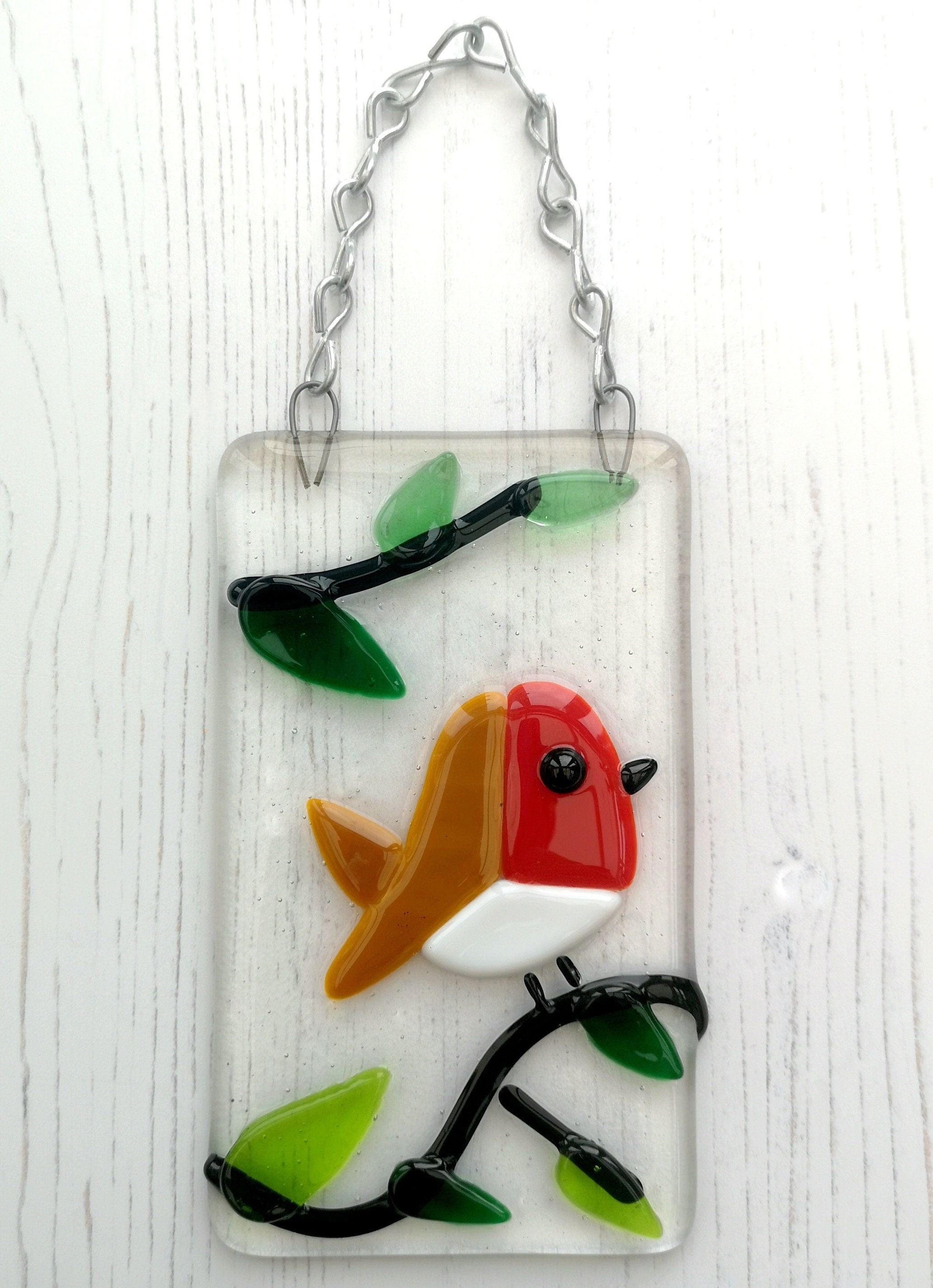 Handmade Fused Glass Robin Hanging Decoration Bird in Tree | Etsy UK