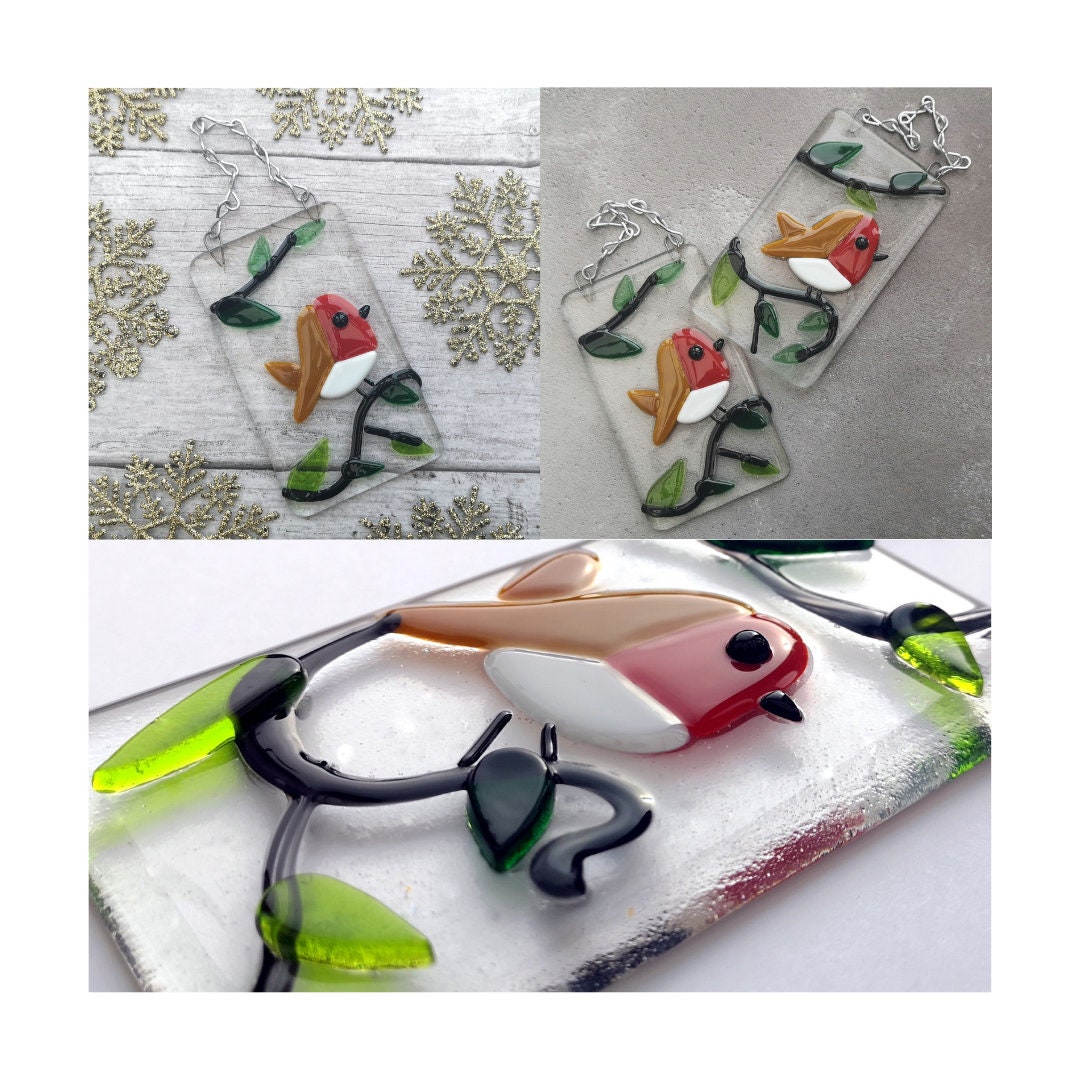 Handmade Fused Glass Robin Hanging Decoration Bird in Tree Picture ...