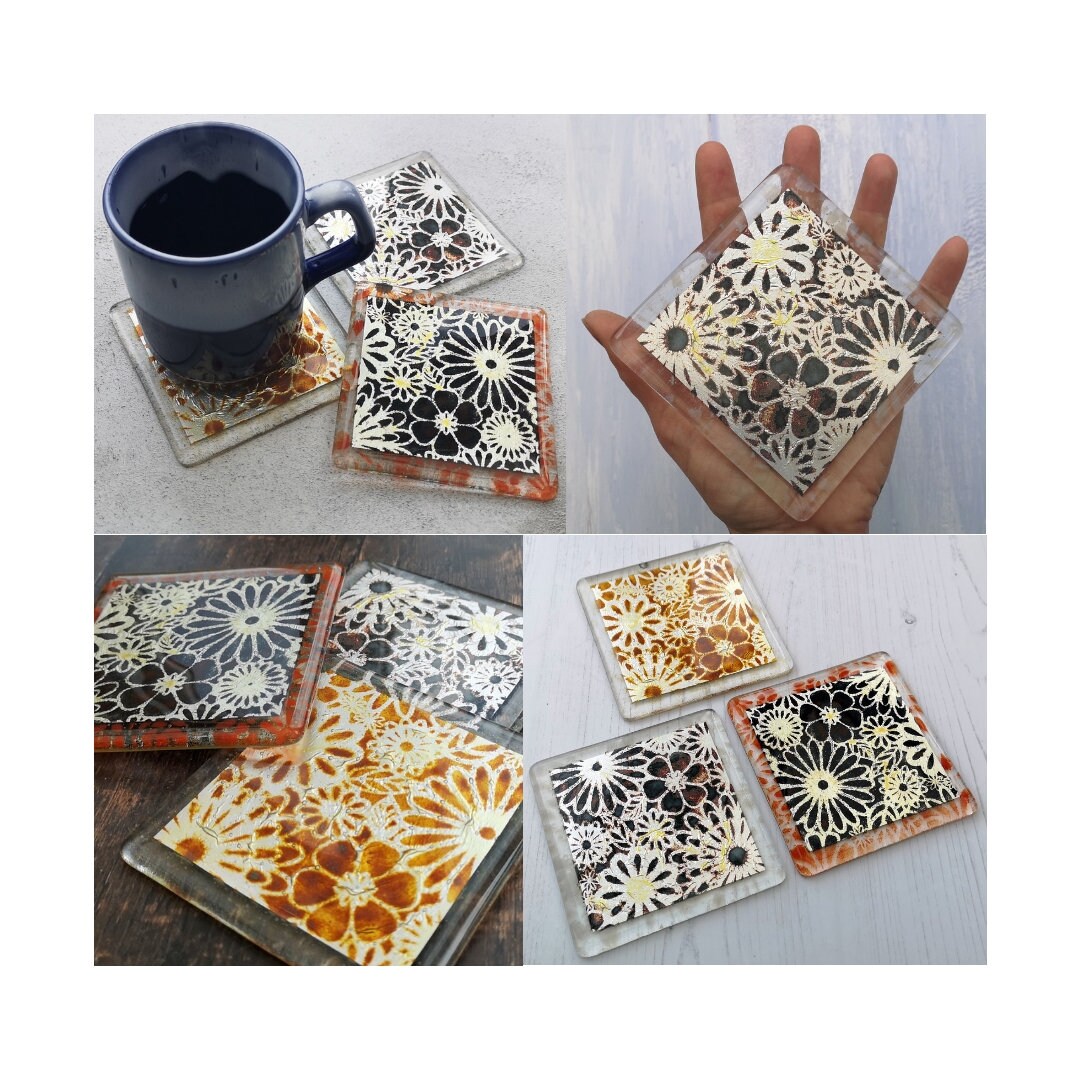 Handmade Fused Glass Flowers on Silver Drinks Coaster Flower - Etsy UK