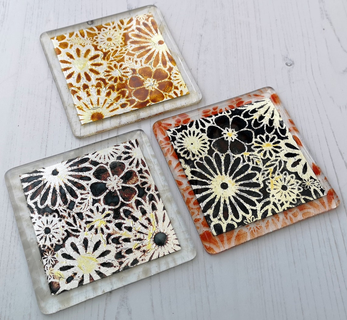 Handmade Fused Glass Flowers on Silver Drinks Coaster - Flower Pattern ...