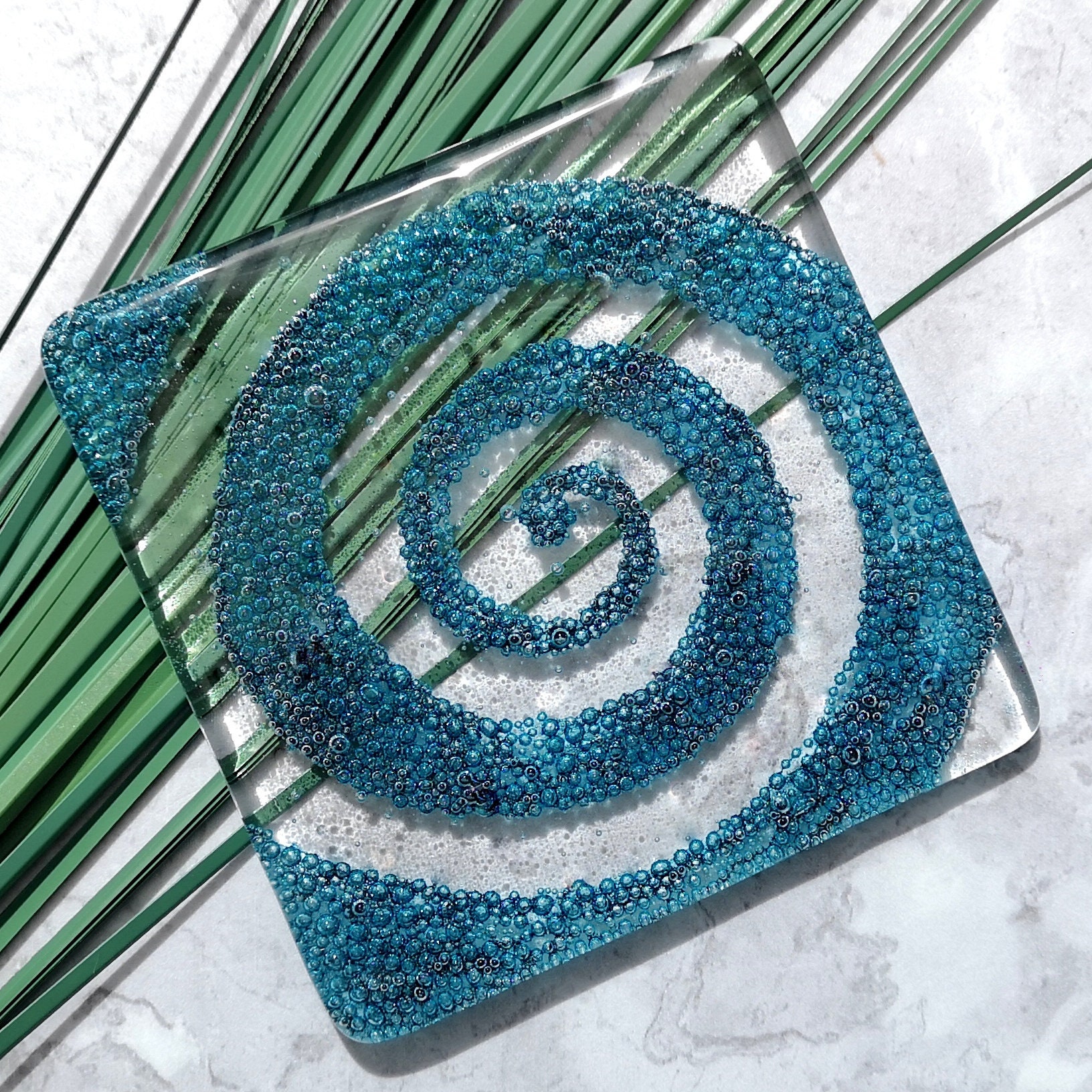 Handmade Fused Glass Spiral Drinks Coaster - With Embedded Coloured ...