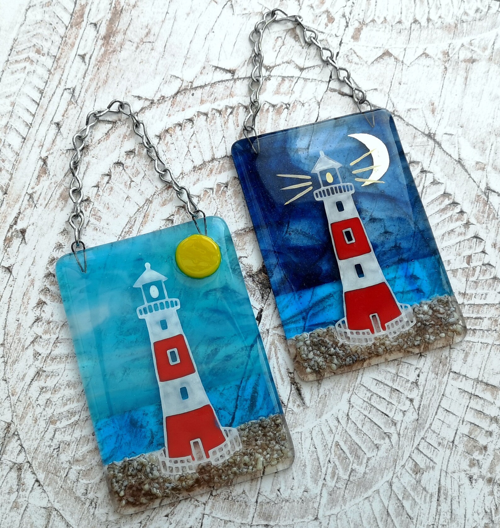Handmade Fused Glass Lighthouse Hanging Picture / Suncatcher - Wave ...