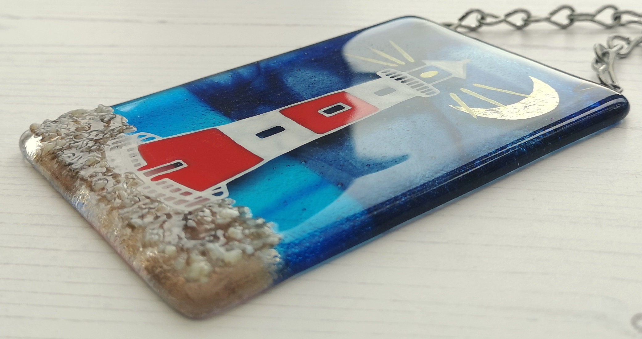 Handmade Fused Glass Lighthouse Hanging Picture / Suncatcher - Wave ...