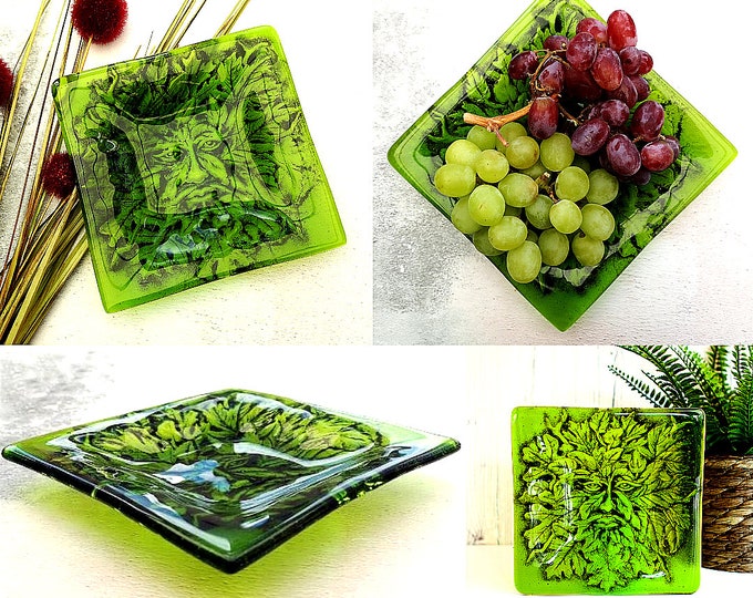 Handmade Fused Glass Greenman Square Bowl - Green Man Decorative Dish ...