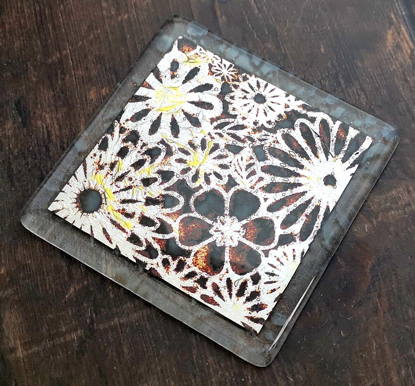 Handmade Fused Glass Flowers on Silver Drinks Coaster - Flower Pattern ...