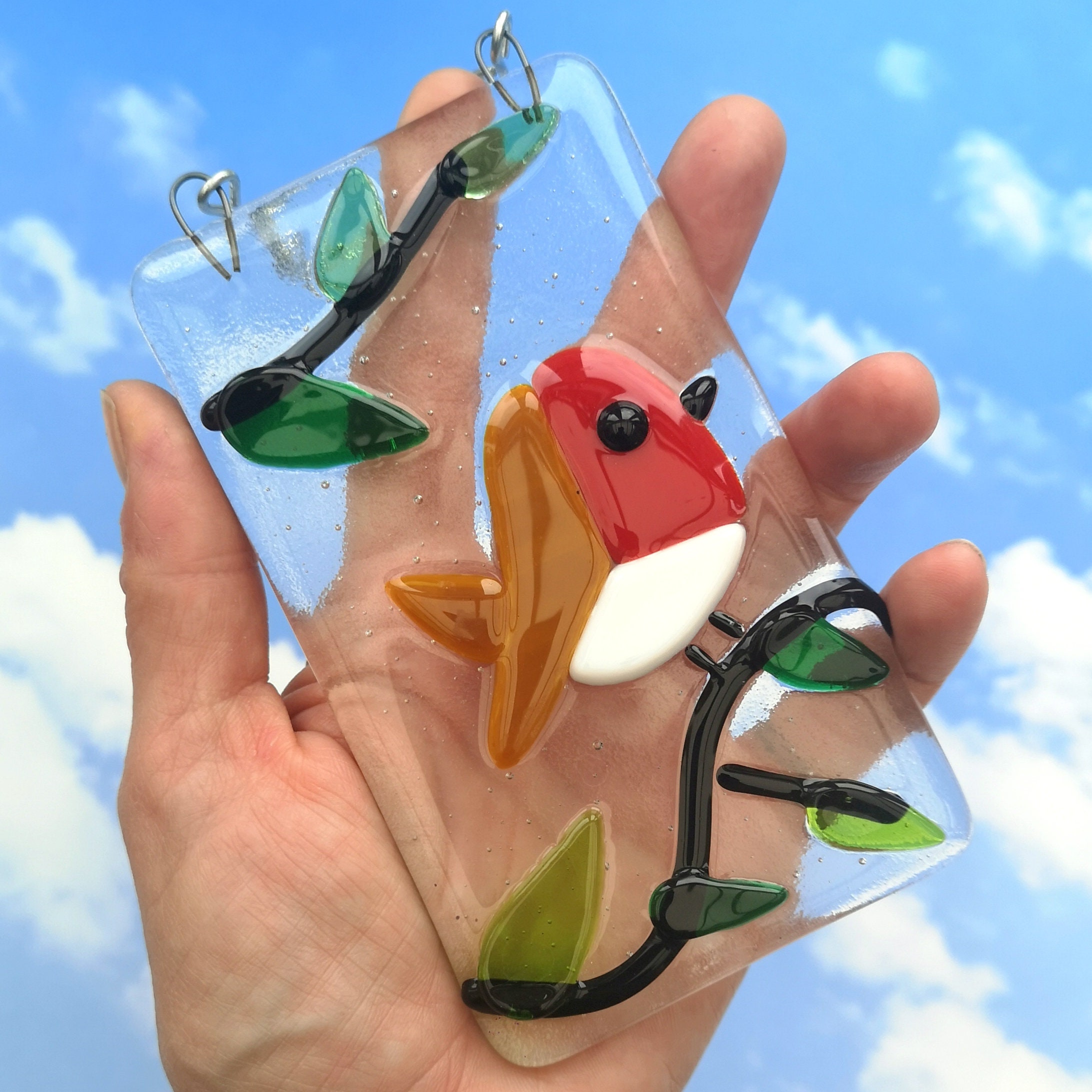 Handmade Fused Glass Robin Hanging Decoration Bird in Tree | Etsy UK