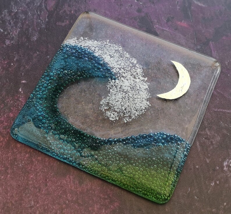Handmade Fused Glass Wave Drinks Coaster - With Embedded Coloured ...