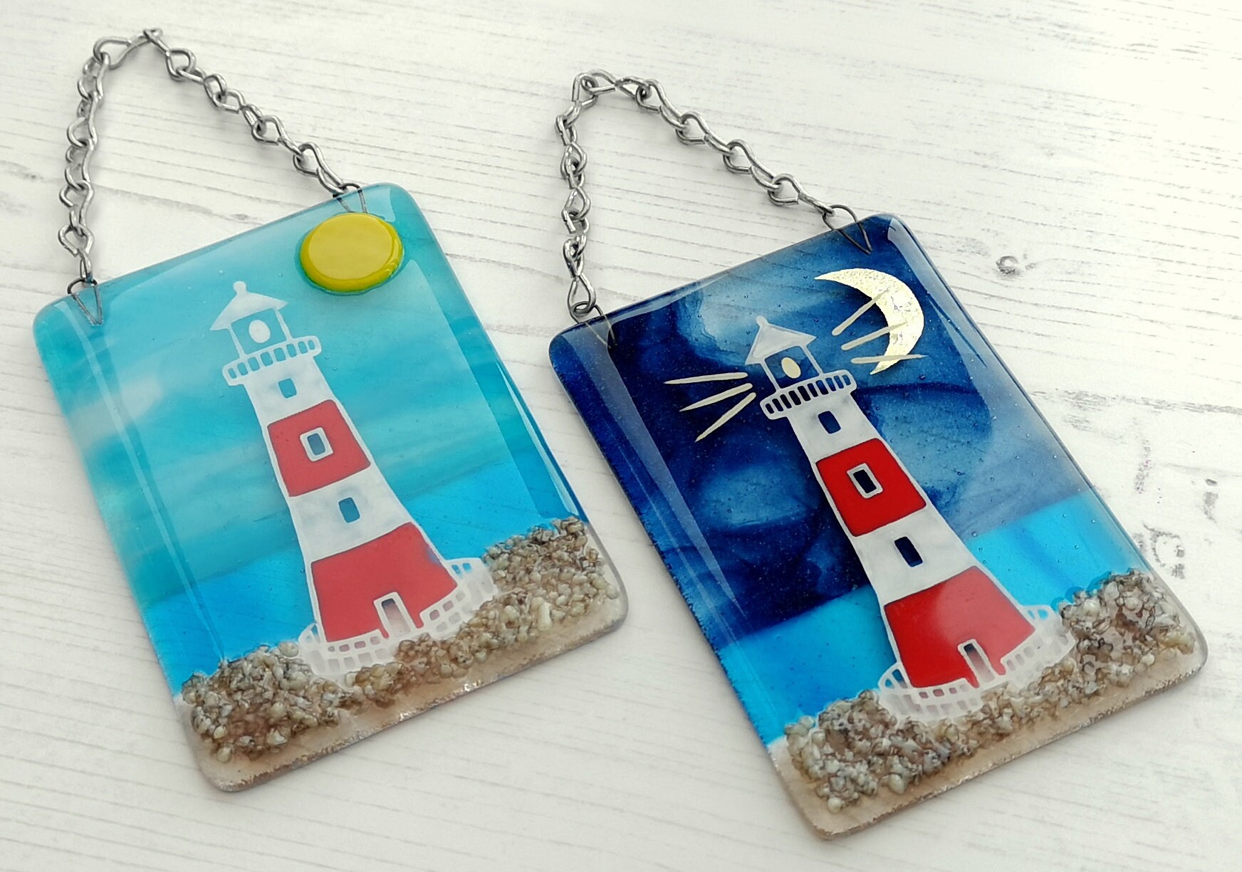 Handmade Fused Glass Lighthouse Hanging Picture / Suncatcher - Wave ...