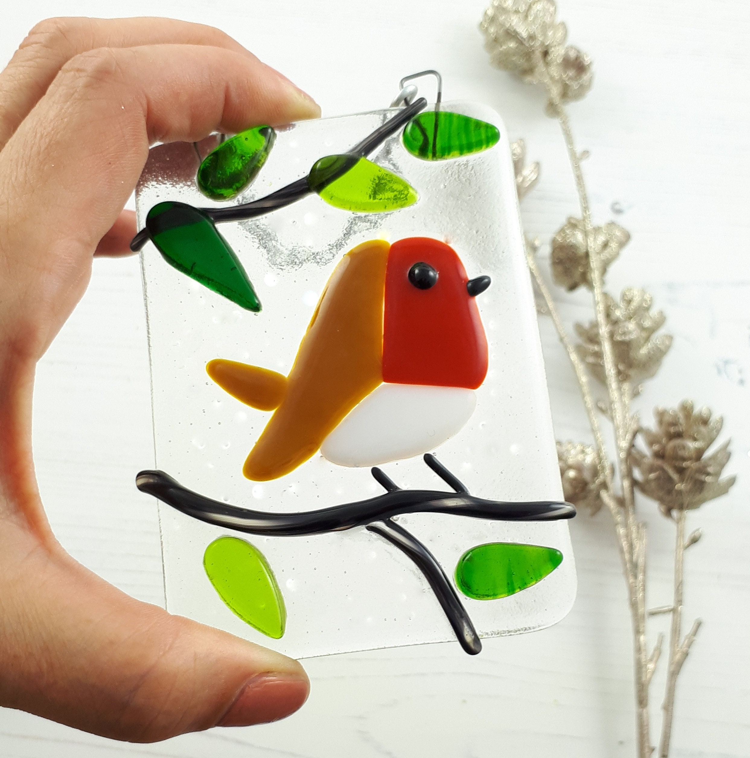 Handmade Fused Glass Robin Hanging Decoration Bird in Tree | Etsy UK