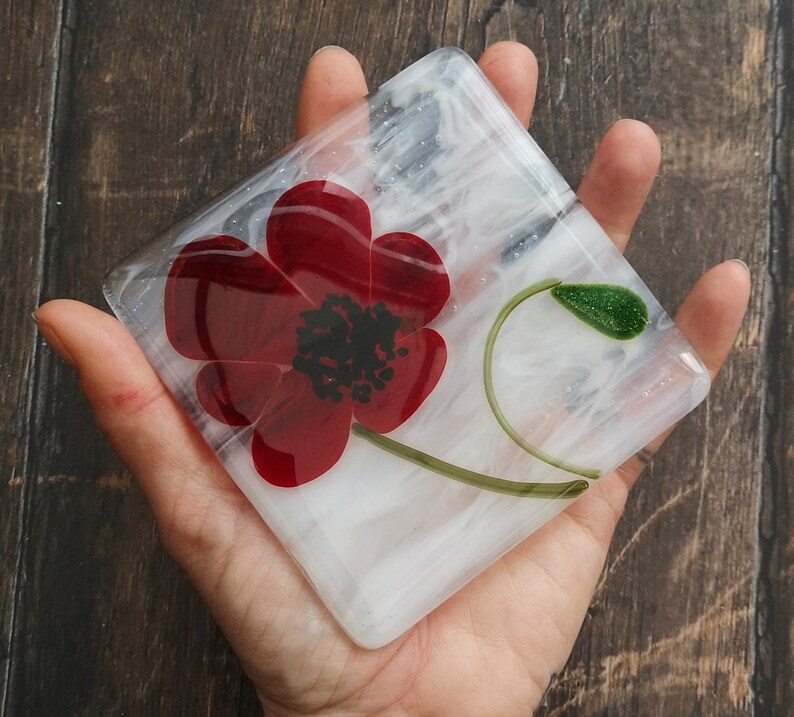 Handmade Fused Glass Poppy Flower Drinks Coaster - Poppies Art - Garden ...
